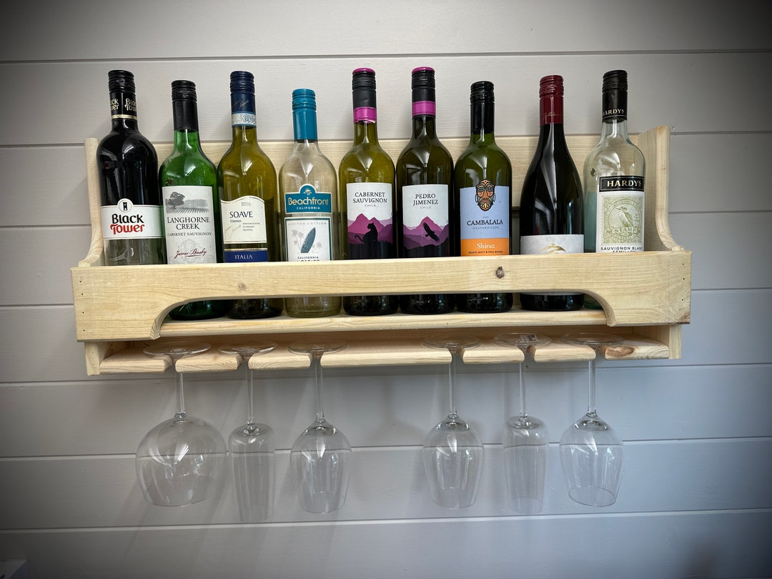75cm Floating Home Bar/ Wine or Spirit Rack- Curved Front- Natural Wood ...