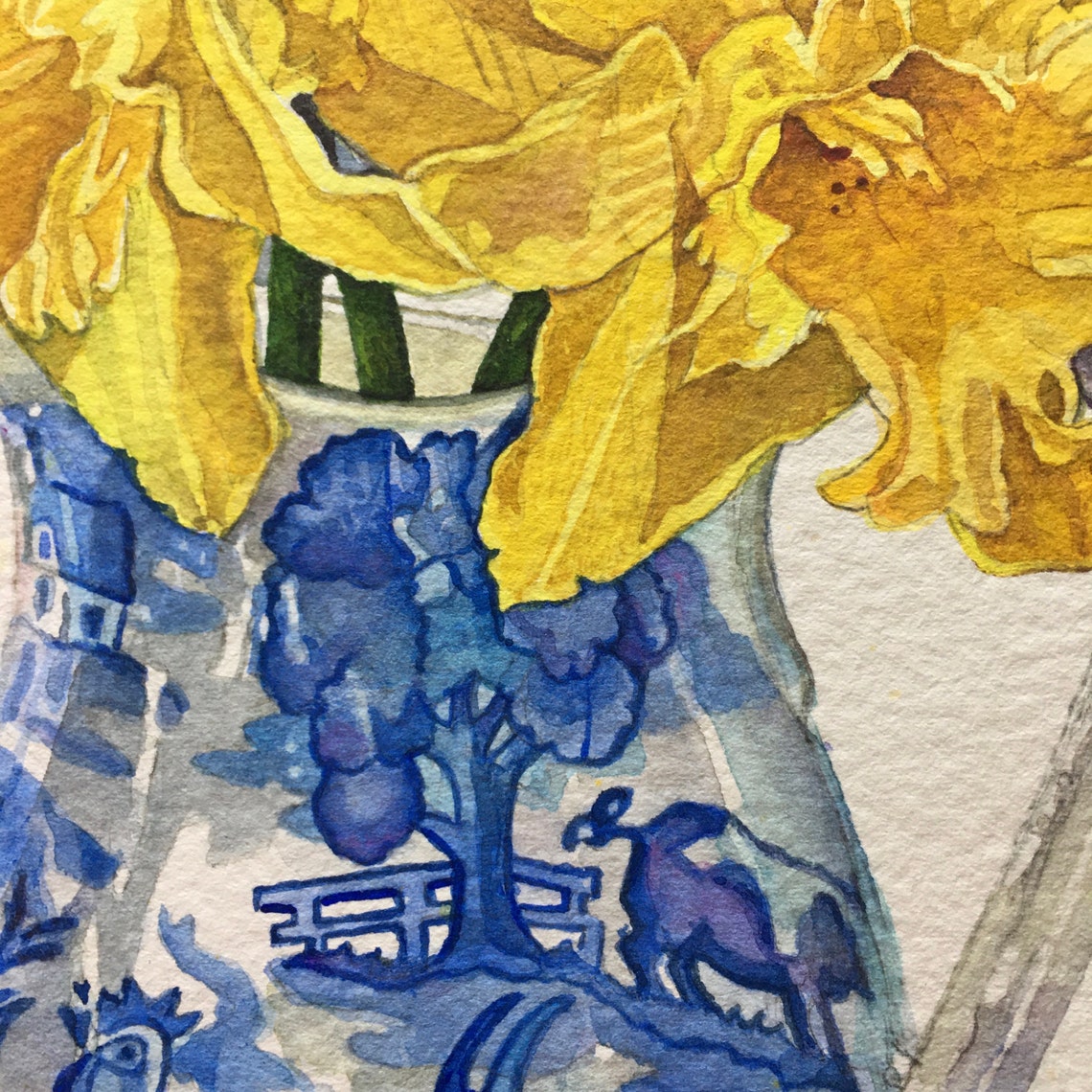 Watercolor Original Spode Blue Vase With Yellow Daffodils, Watercolor ...