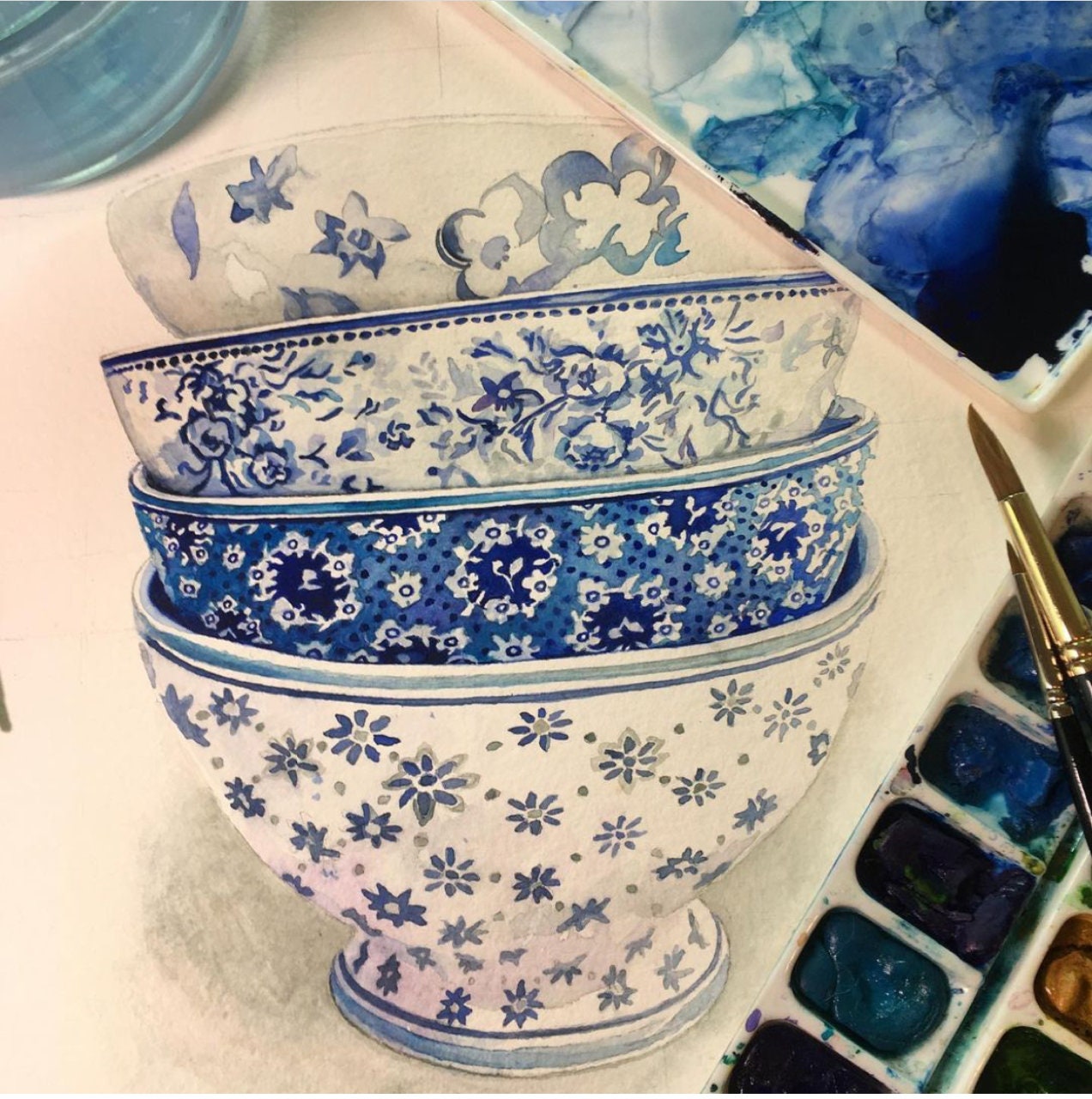 Spode Blue Stacked Bowls Watercolor Painting by Pierrette Komarek ...