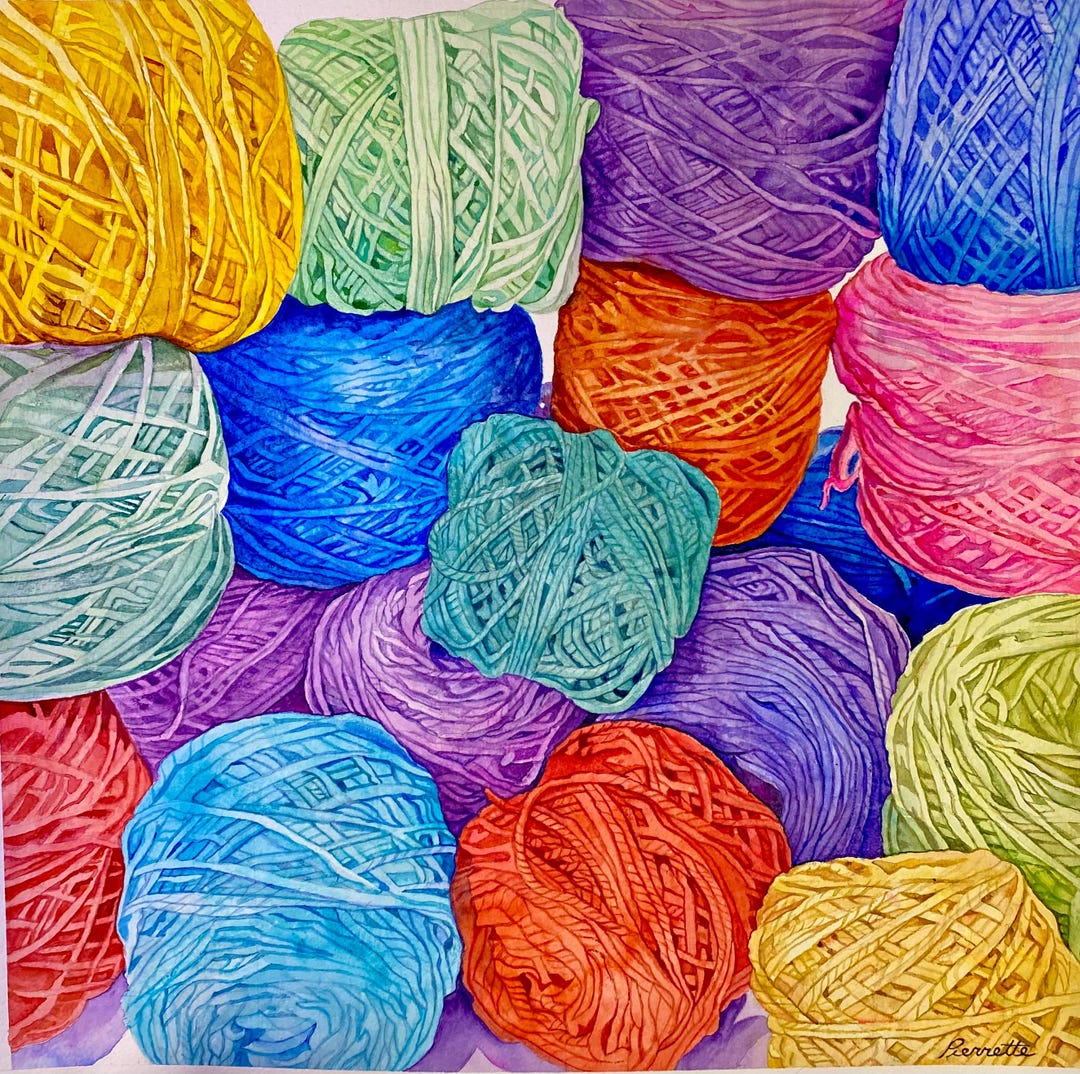 Yarn Addict Original Watercolor Painting by Pierrette Komarek - Etsy