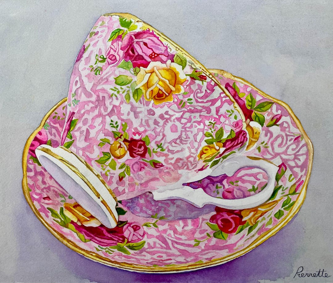 Royal Albert Dusky Pink Rose Tea Cup Original Watercolor Painting by ...