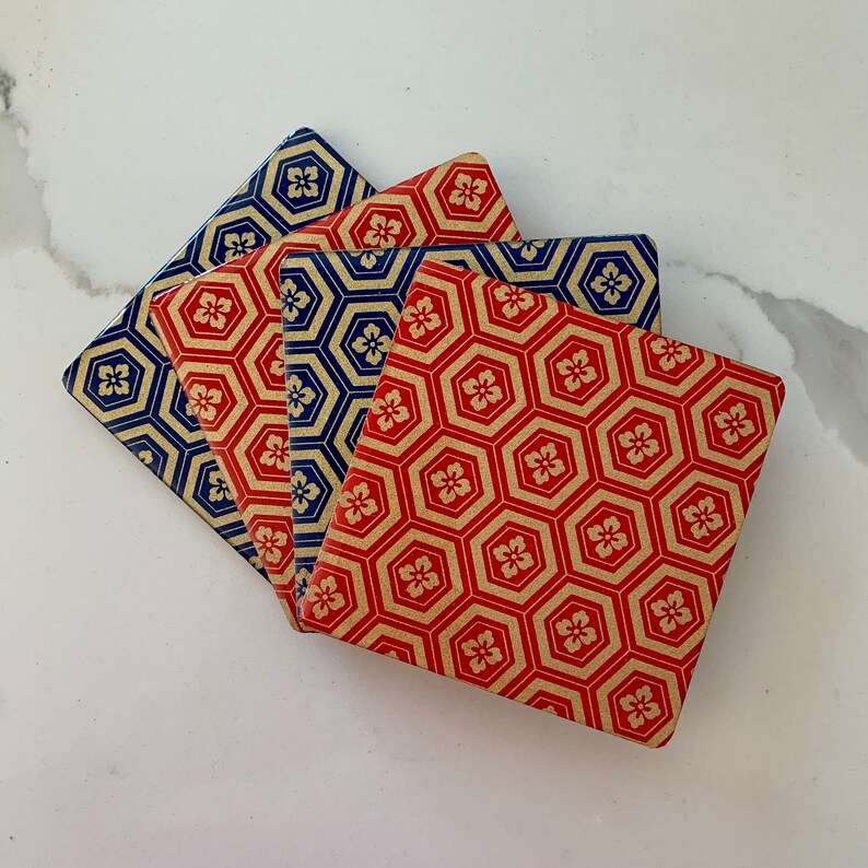 和柄コースター赤と青の亀甲set of 4 Red and Blue Kikkou Pattern Japanese - Etsy