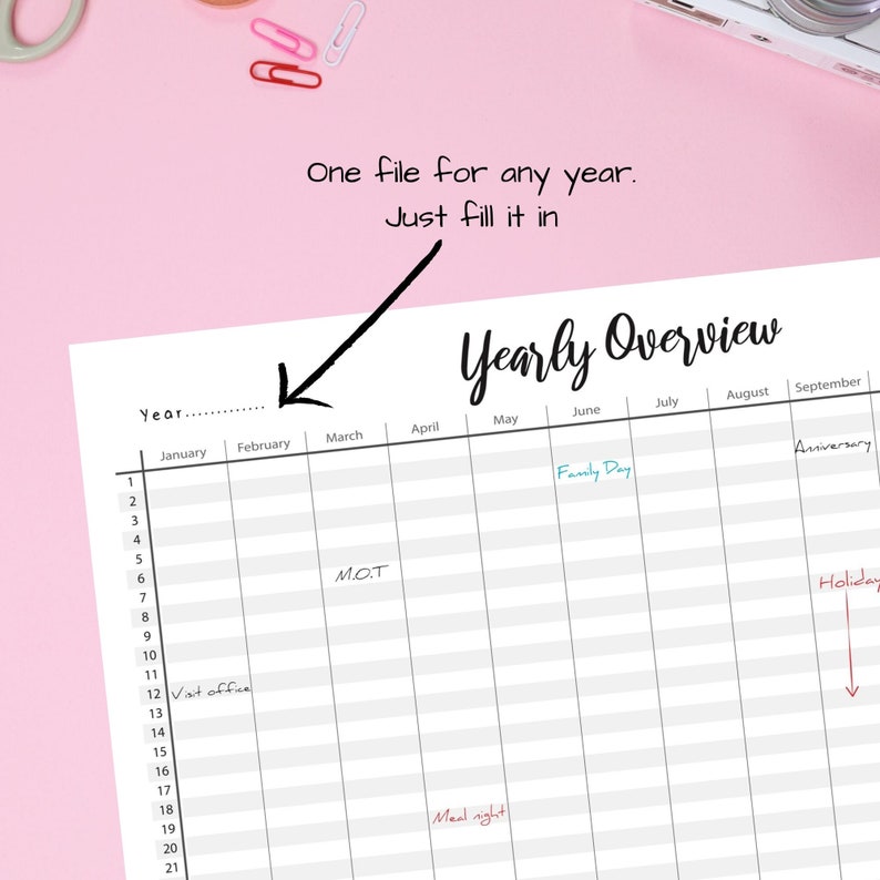 Full Year Printable Planner, Instant Download PDF, Undated Yearly ...
