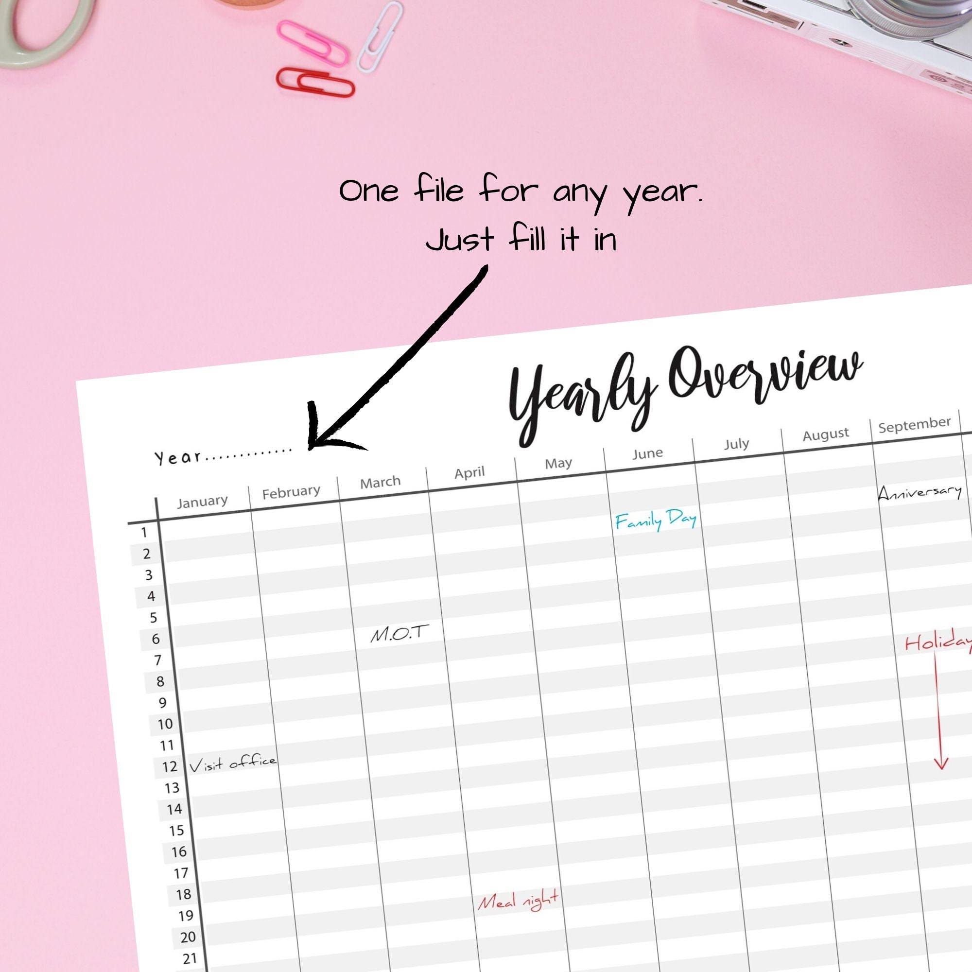 Full Year Printable Planner, Instant Download PDF, Undated Yearly ...