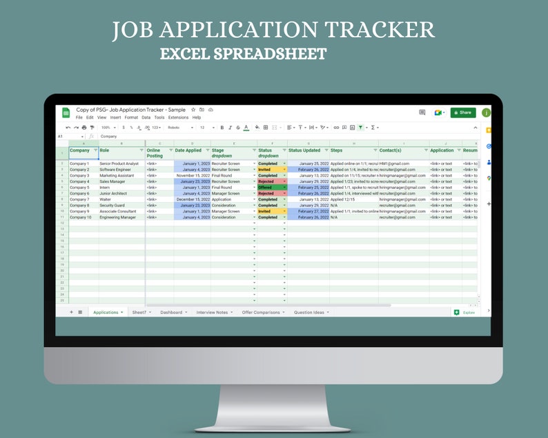 A Dream Job Application Tracker Excel Spreadsheet | Digital Download - Etsy