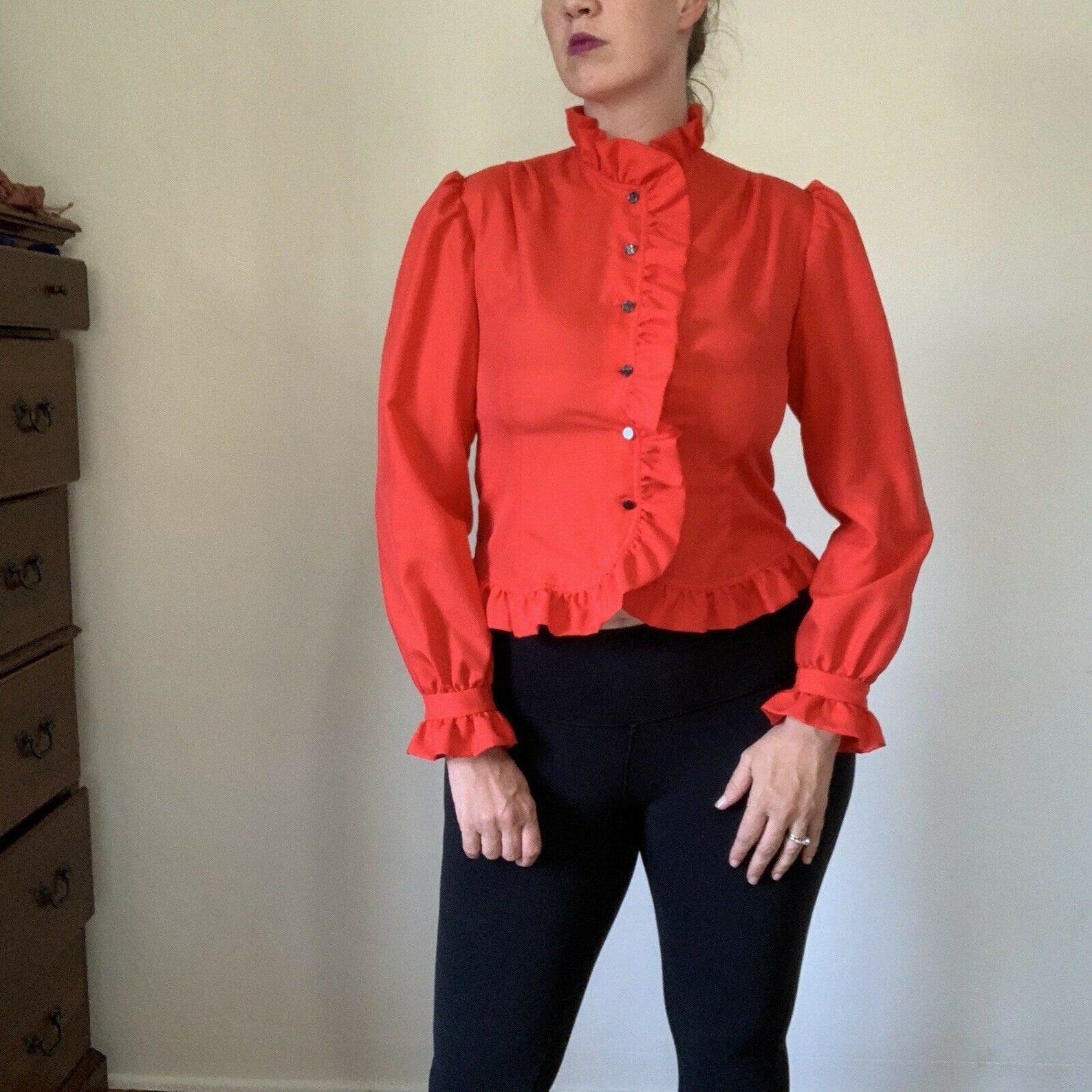 Vintage 70s Red Victorian Ruffle High Neck Blouse Size M Etsy