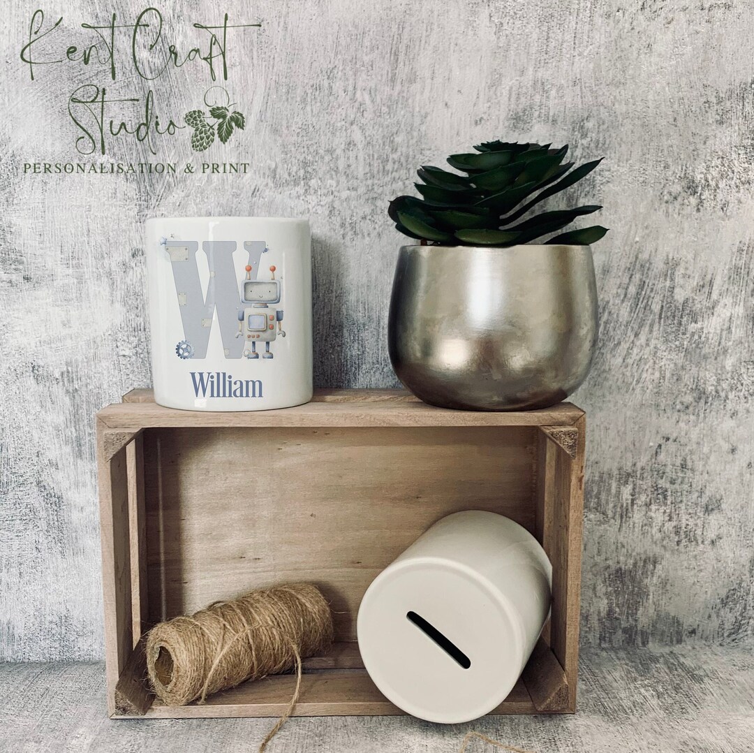 Personalised Money Pot, Robot Alphabet Gift, Ceramic Money Pot, Gift ...