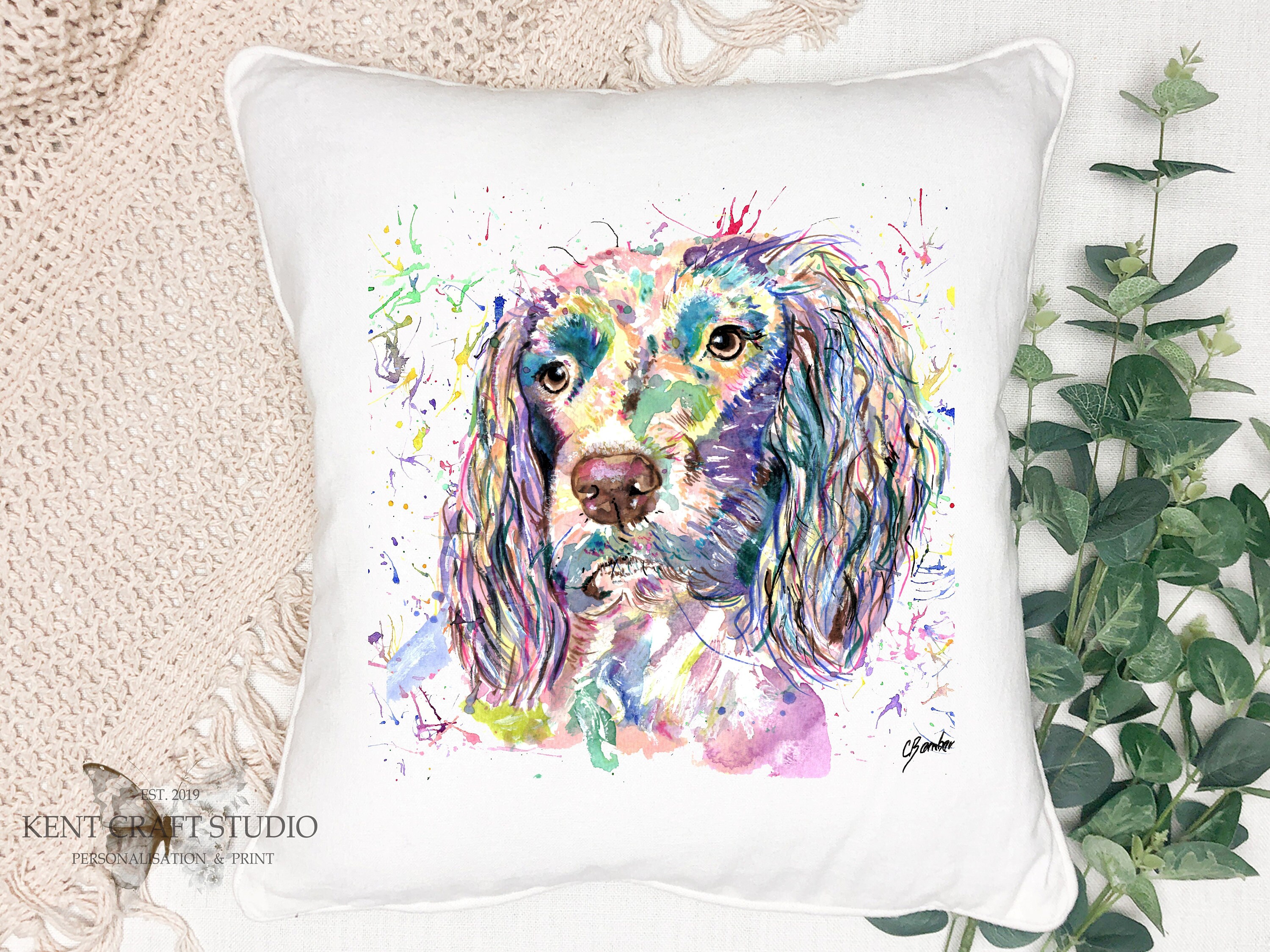 Personalised Cocker Spaniel Cushion Watercolour Splatter | Etsy