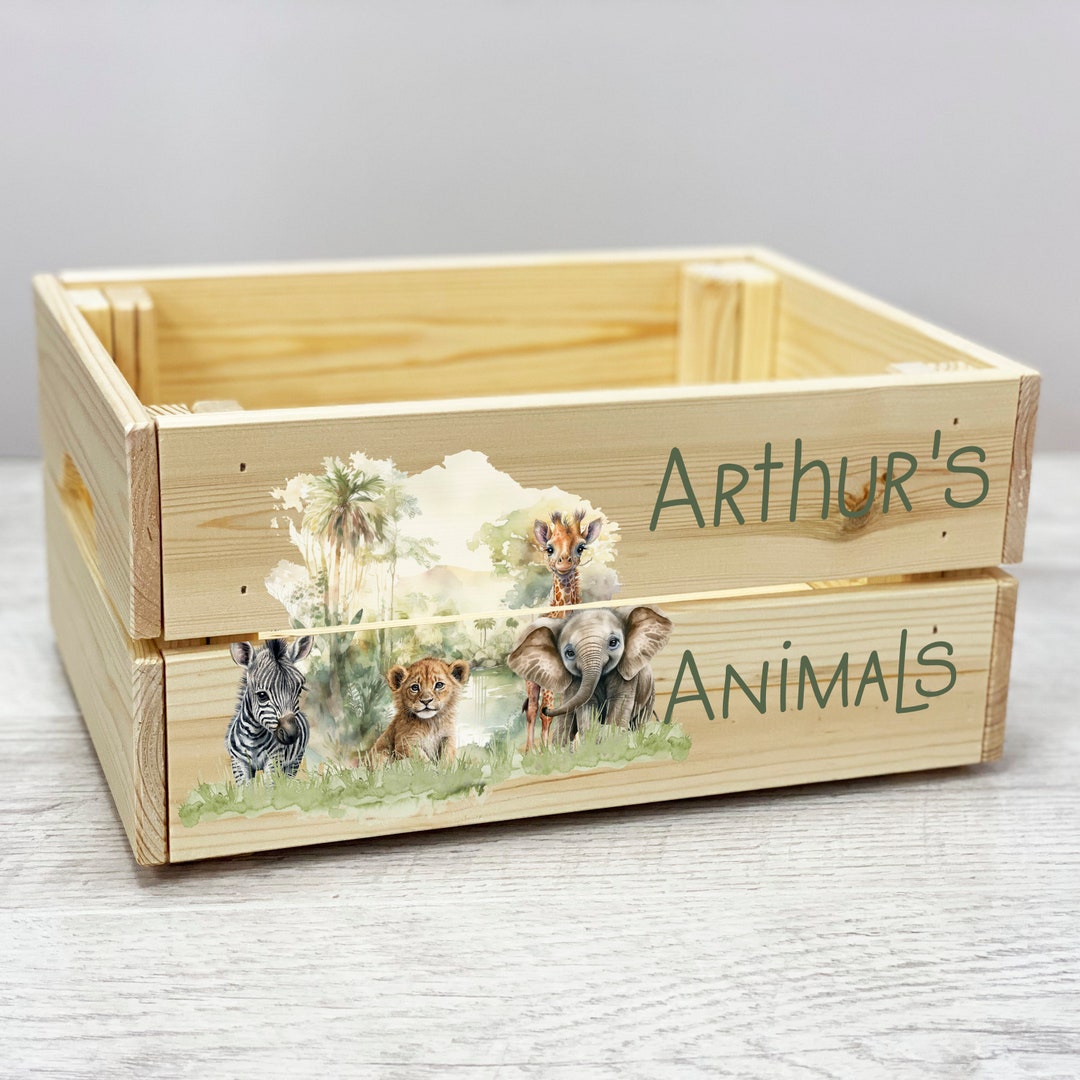 Personalised Safari Wooden Book Library, Safari Toy Crate, Book Storage ...