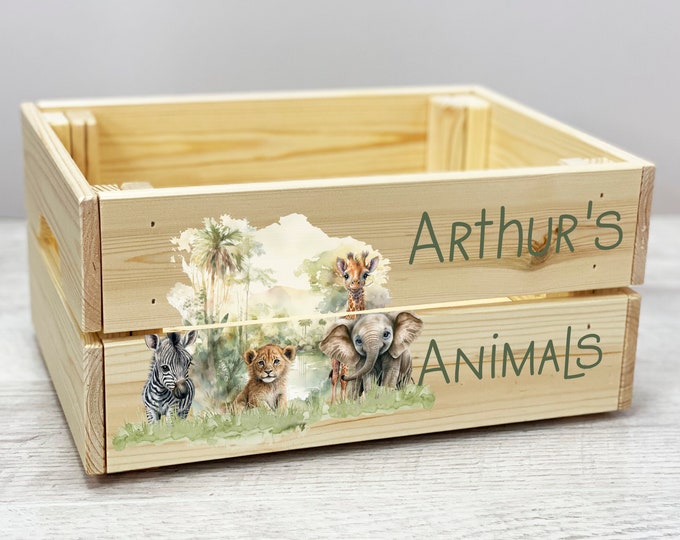 Personalised Safari Wooden Book Library, Safari Toy Crate, Book Storage ...