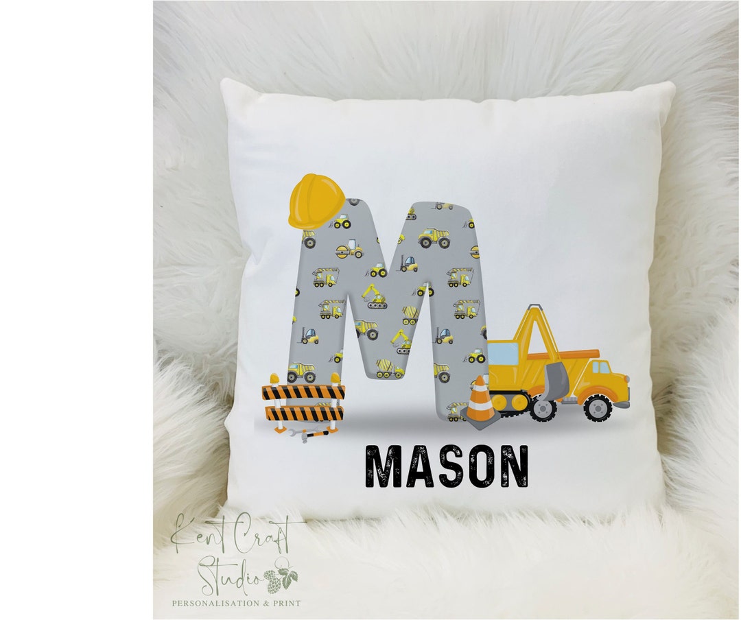 Personalised Digger Cushion, Digger Alphabet Cushion, Construction Gift ...