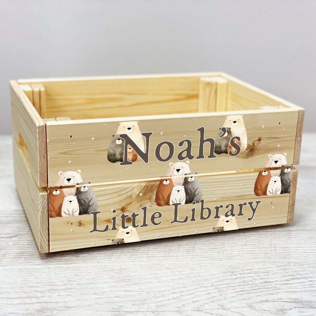 Personalised First Library, Bear Book Library, Toy Wooden Crate, Book ...