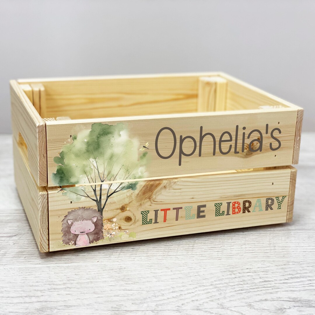 Personalised Wooden Book Crate, Hedgehog Library Box, Toy Crate, Book ...
