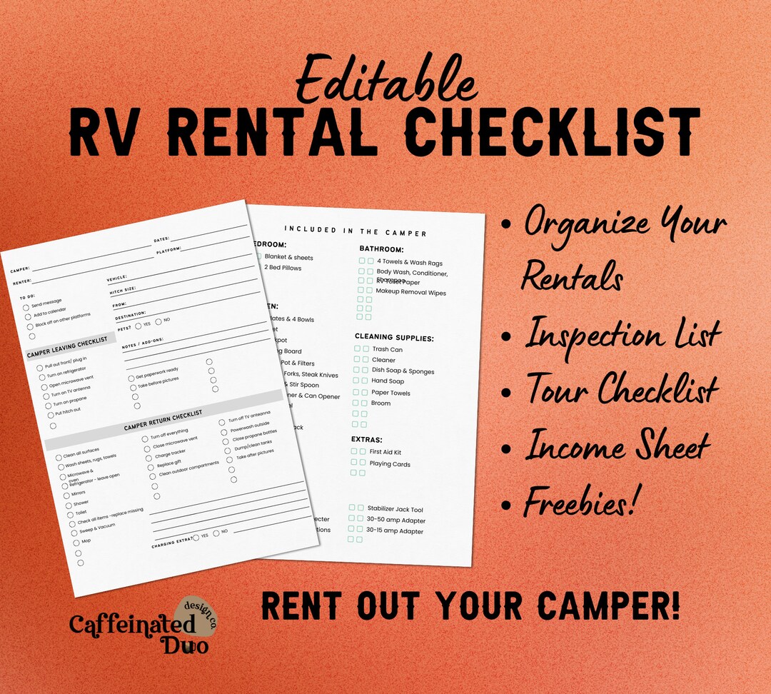 RV Rental Checklist Inspection, Tour Guide, Income Sheet, Camper Rental ...