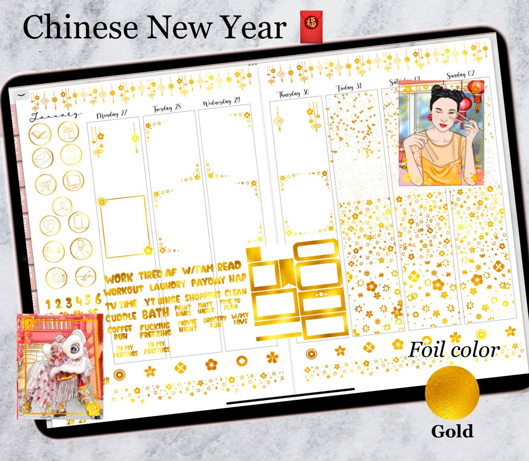 Chinese New Year in Gold Digital Foil Bundle | Digital Weekly Kit |PNG ...
