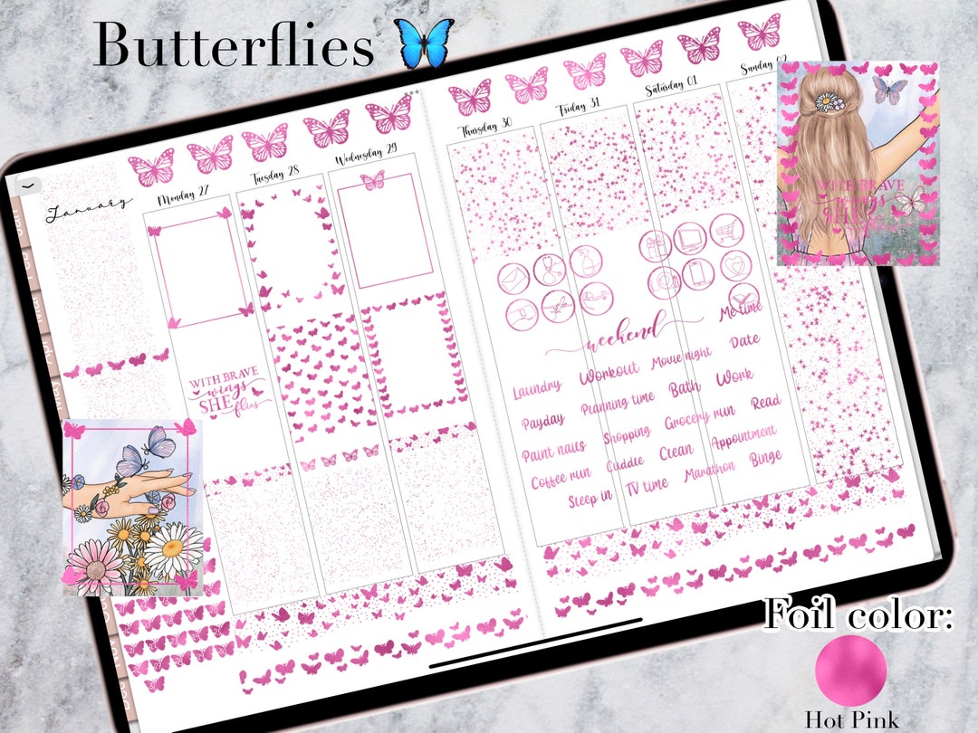 Hot Pink Butterflies Digital Foil Stickers: Weekly Planner Kit (PNG) - Etsy