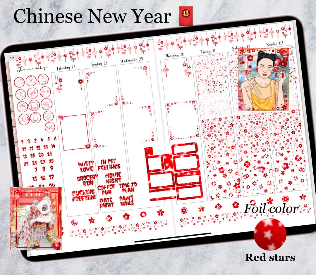 Chinese New Year in Red Stars Digital Foil Bundle Digital Weekly Kit ...