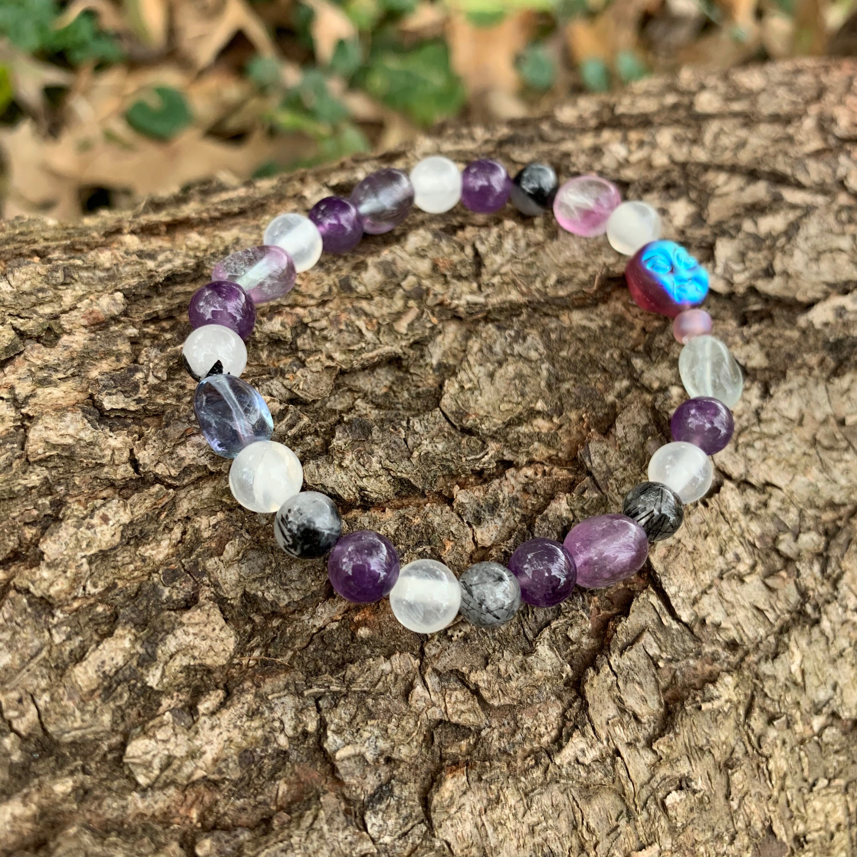Beaded Moon Face Bracelet Amethyst Fluorite | Etsy