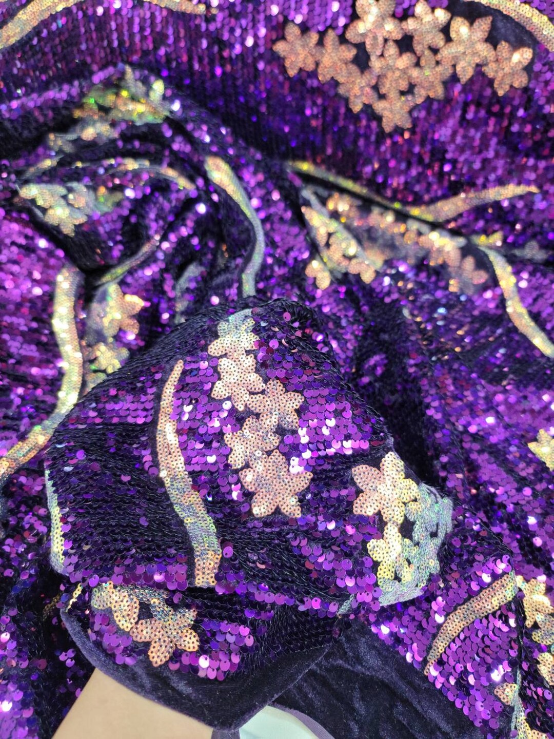 Purple Sequin Embroidery on Stretch Velvet Fabric by the Yard ...