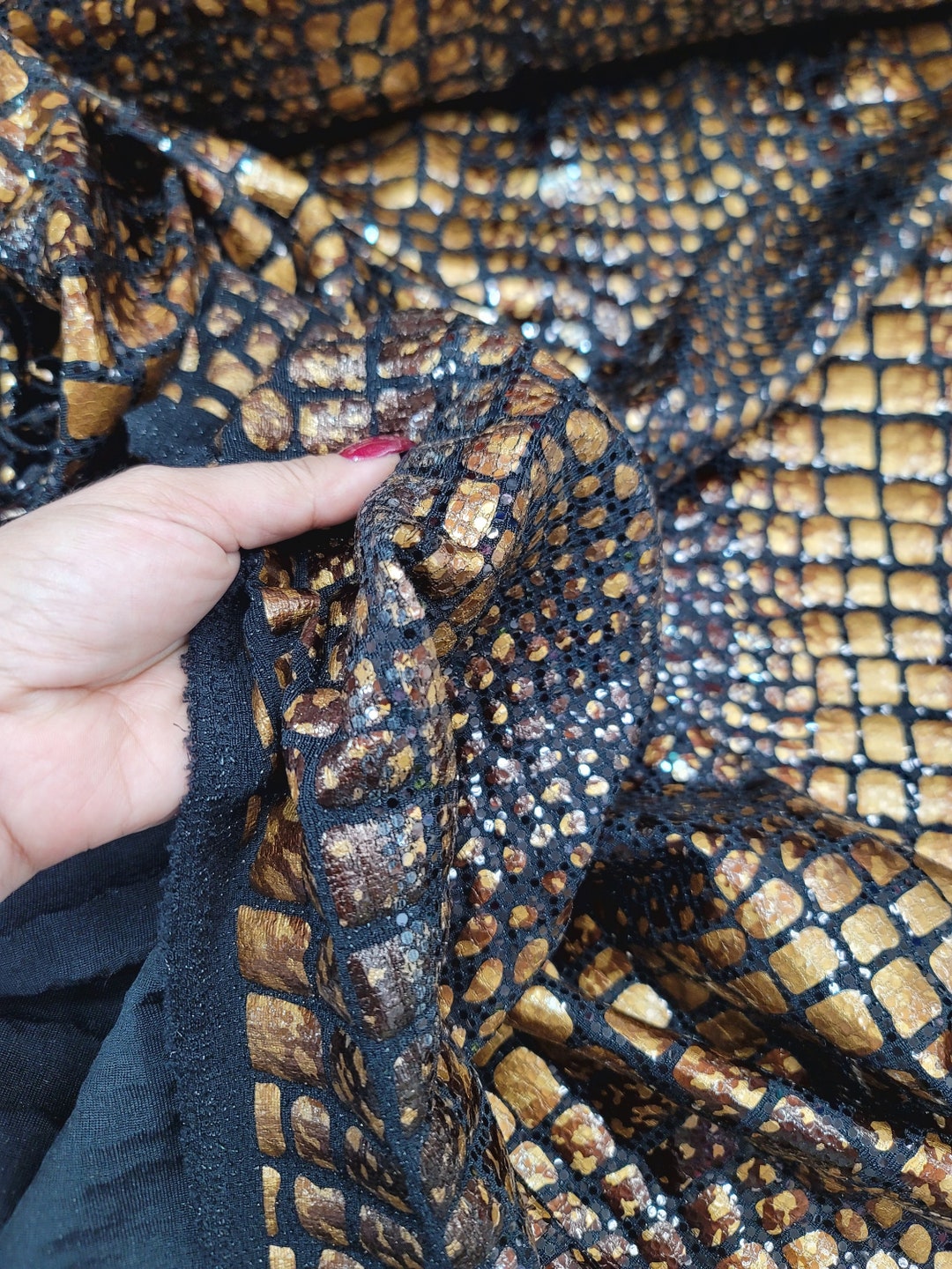 Fabric Sold by the Yard Snake Skin Spandex Black Sequins Brown Gold ...
