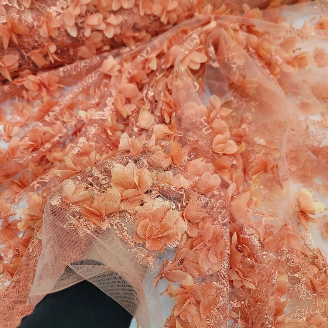 Coral Lace Fabric 3d Floral Flowers Embroidered on Mesh Prom Fabric ...
