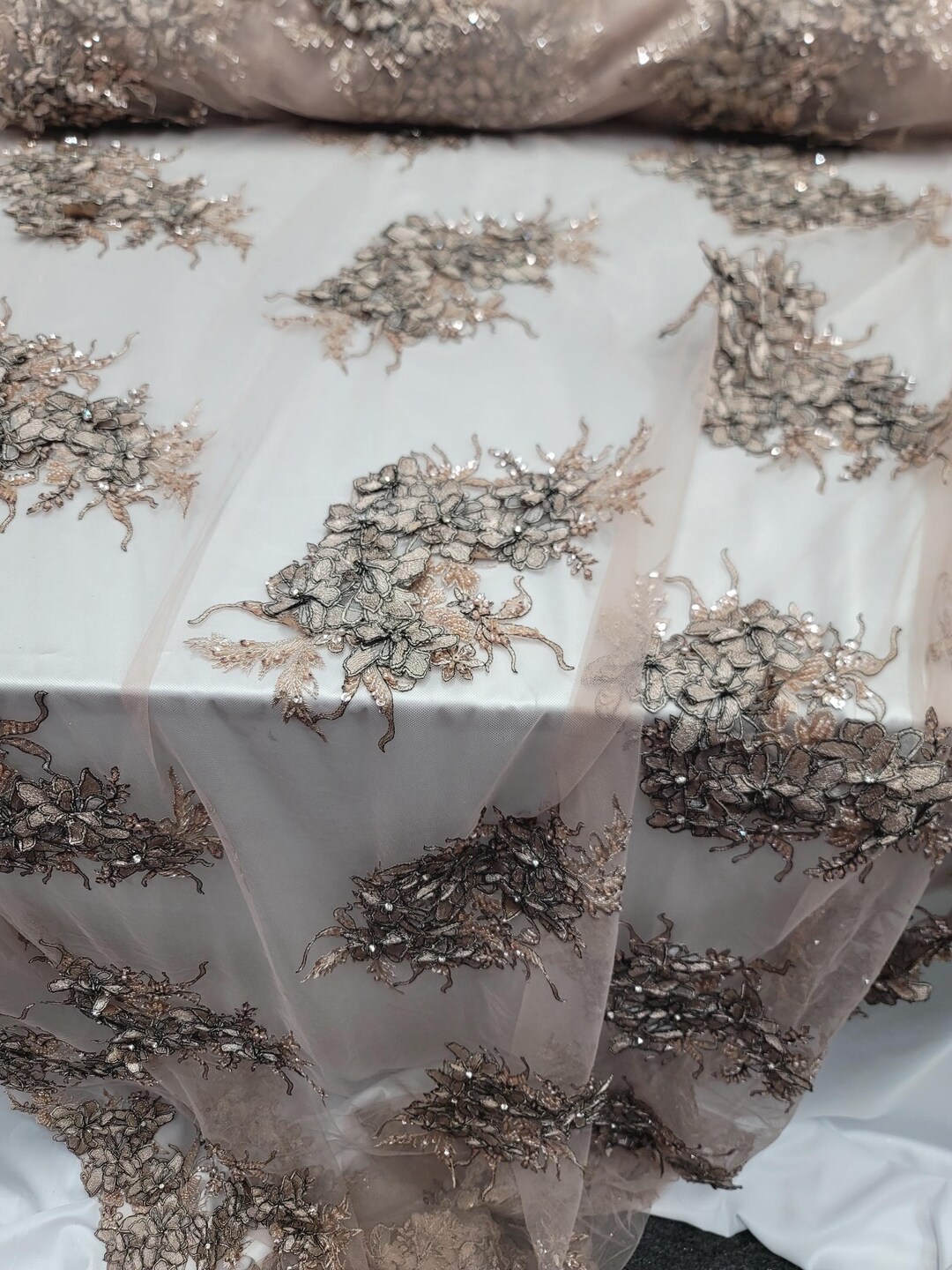 Rose Gold Lace Fabric: 3D Floral Embroidery, Rhinestone & Black Accents ...