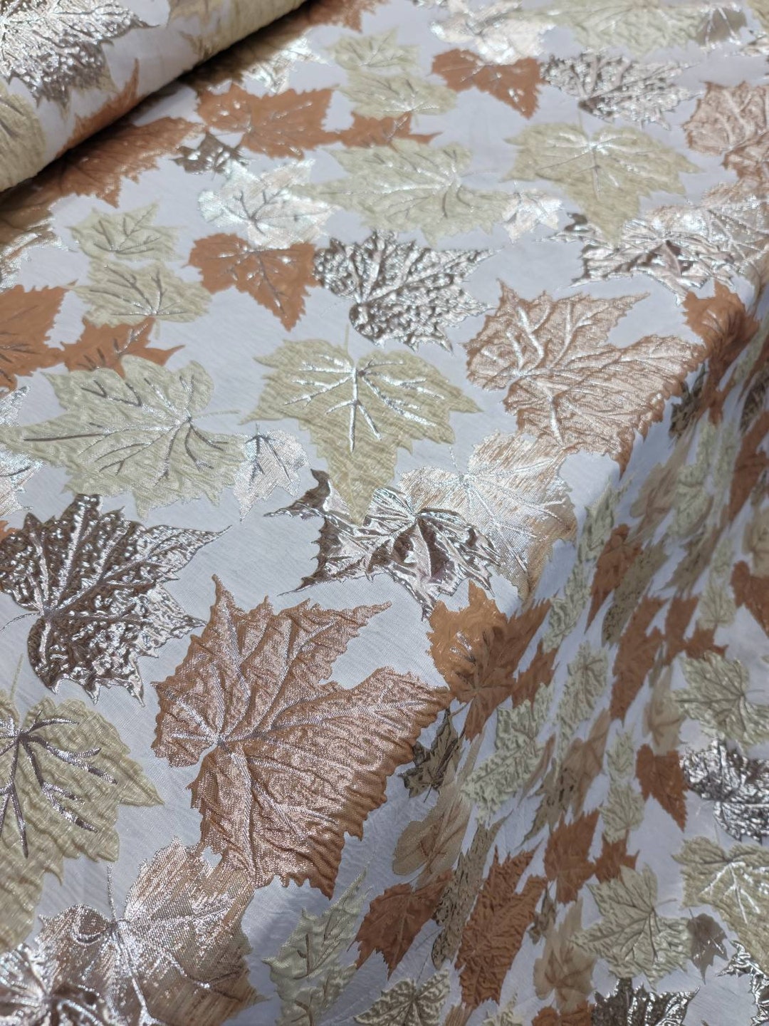 Metallic Maple Leaf Jacquard Brocade Fabric - Gold & Mustard - by the ...