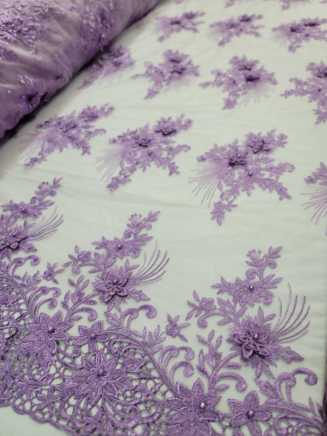 Fabric Sold by the Yard Lavender Beaded Lace Floral Flowers Embroidery ...