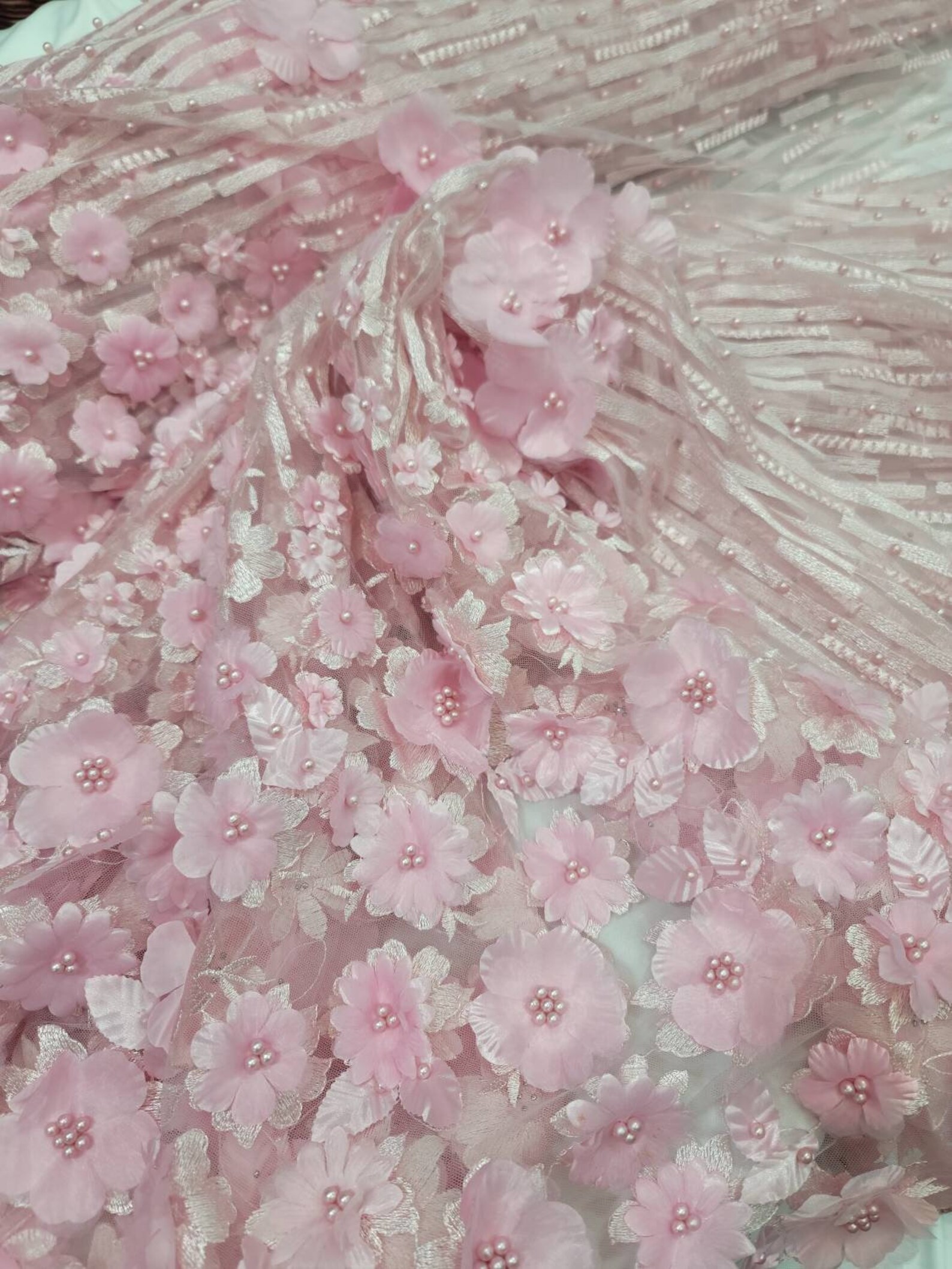 Fabric by the Yard Pink Lace Beaded 3d Floral Flowers on Mesh | Etsy