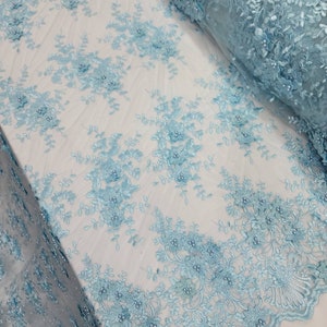 Fabric Sold by the Yard Sky Blue Lace 3d Floral Flowers Embroidery ...