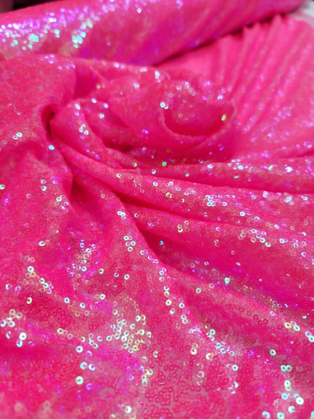 Neon Pink Iridescent Sequin Fabric: Hologram Glitz Mini Sequins, 58 ...