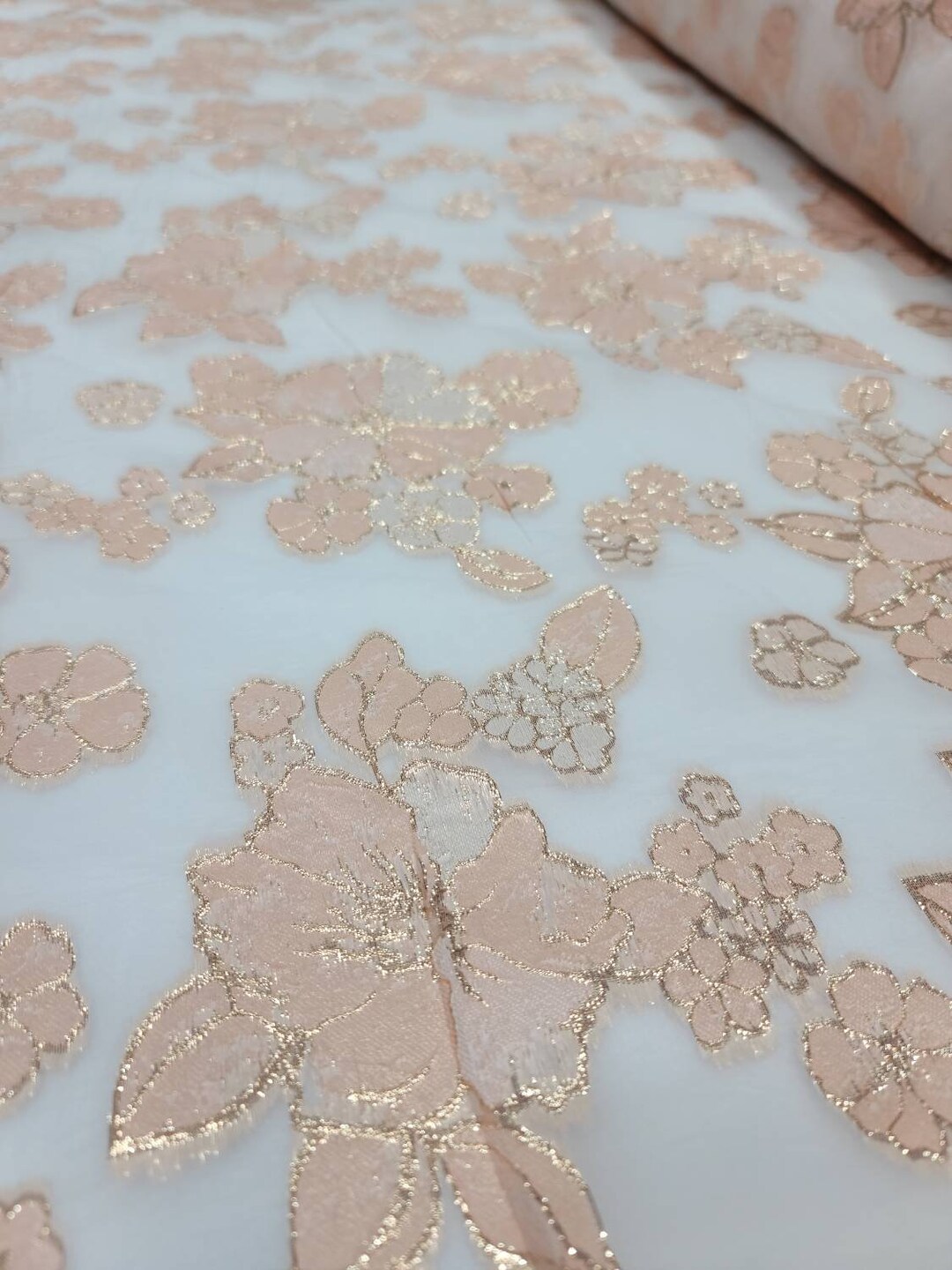 Fabric Sold by the Yard Blush Floral Brocade on Ehite French Organza ...