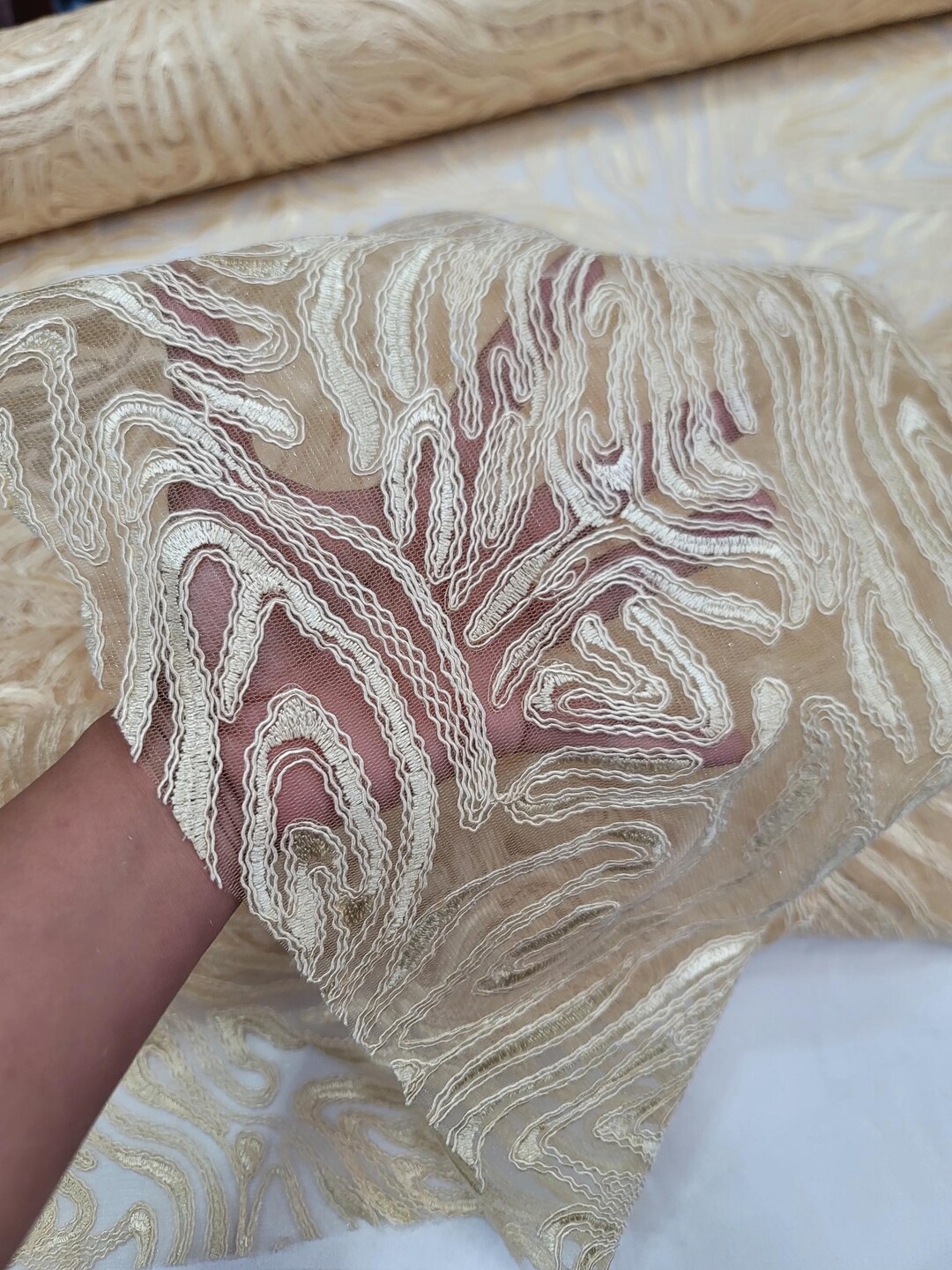 Fabric by the Yard Champagne Beige Lace Embroidery Geometric Evening ...