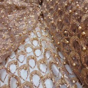 Fabric Sold by the Yard Rose Gold Lace Glitter Sparkle Pearls on Mesh ...