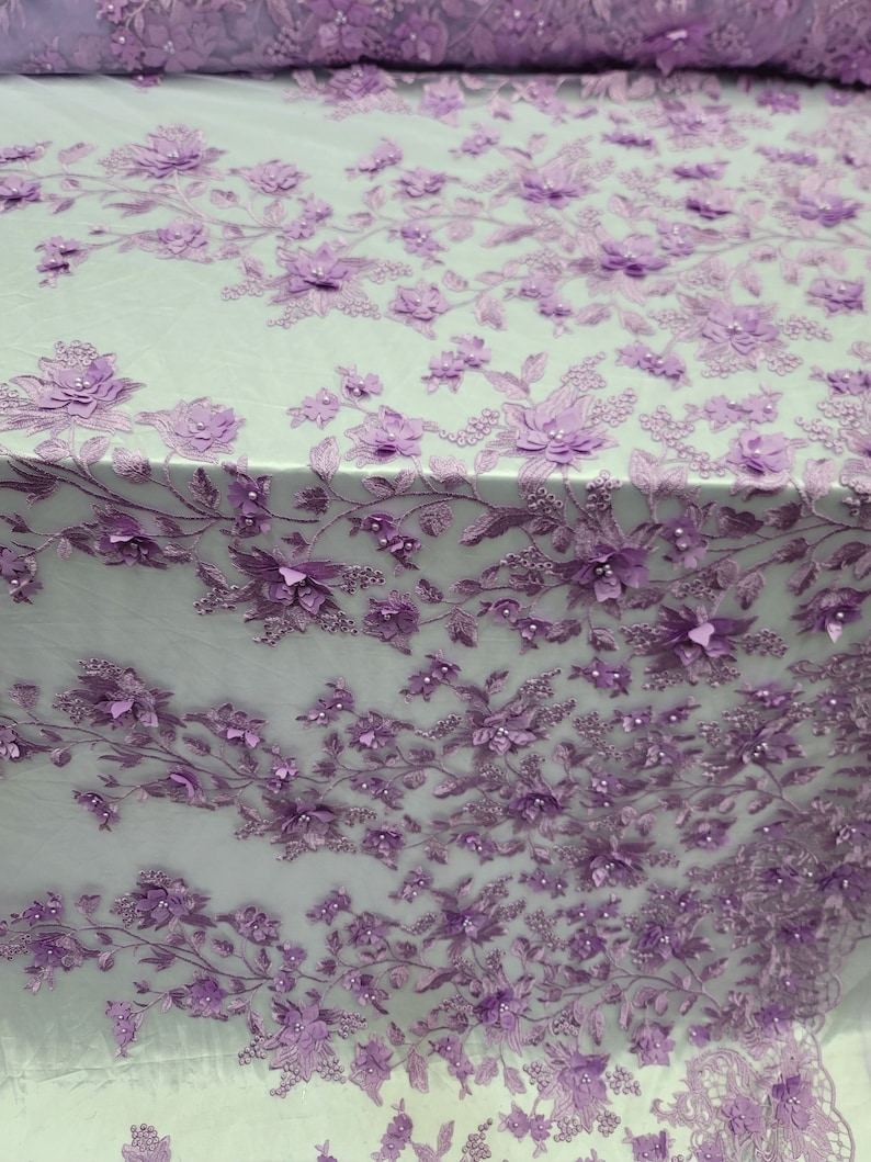 Fabric Sold by the Yard Lavender Lace 3d Floral Flowers Embroidery on ...