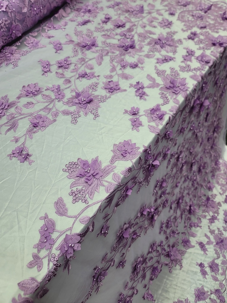 Fabric Sold by the Yard Lavender Lace 3d Floral Flowers Embroidery on ...
