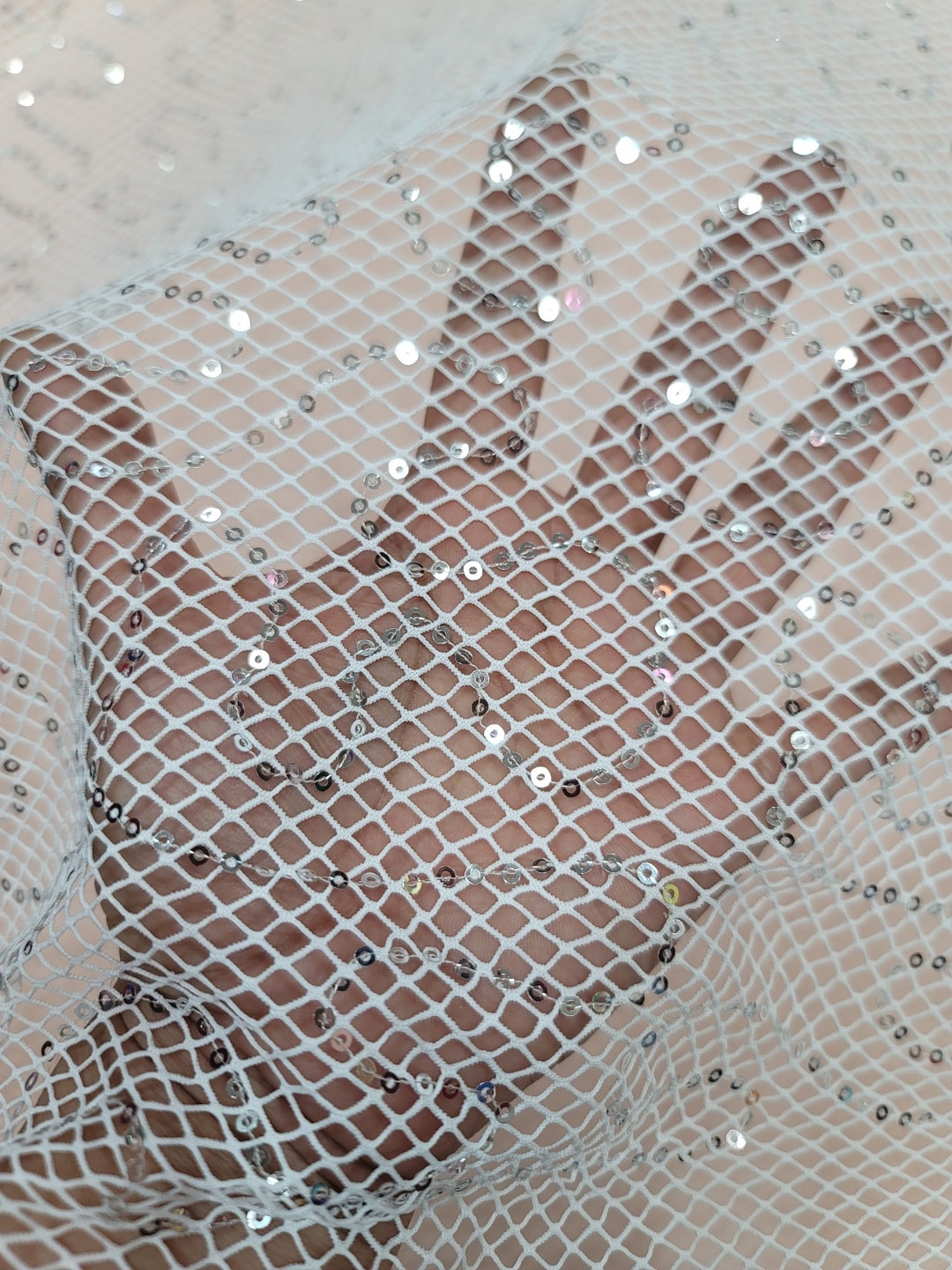 Fabric Sold by the Yard White Fish Net Cabaret Fashion Eyelet Silver ...