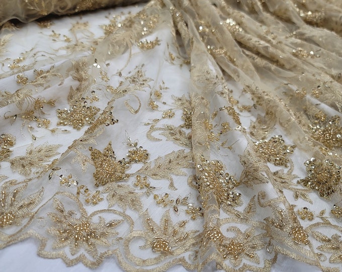 Gold Bridal Lace Beaded Gold Embroidered on Mesh Rhinestone Sequin ...