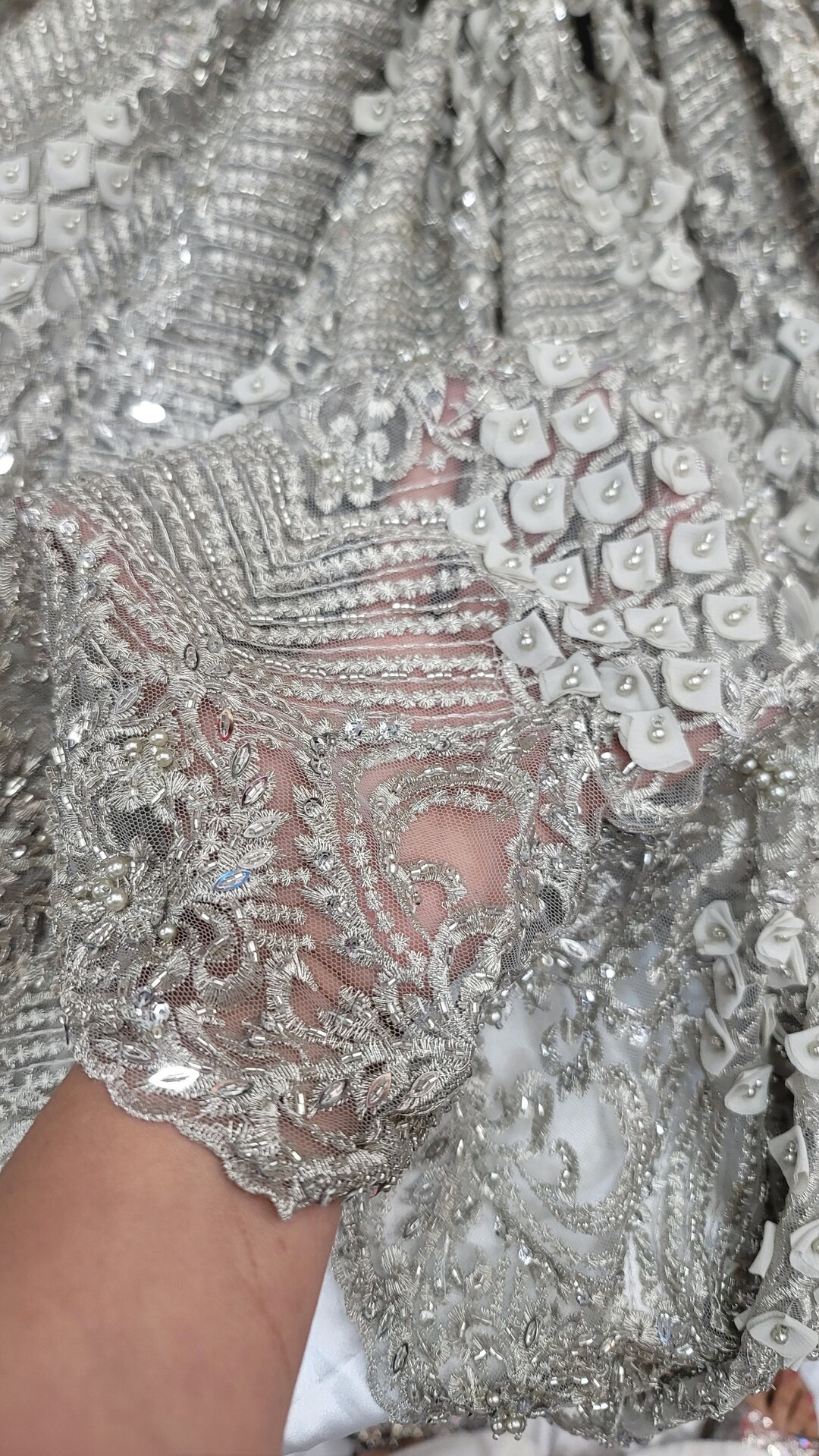 Silver Hand Beaded Lace 3D Floral Flowers Embroidered Stones Pearls on ...