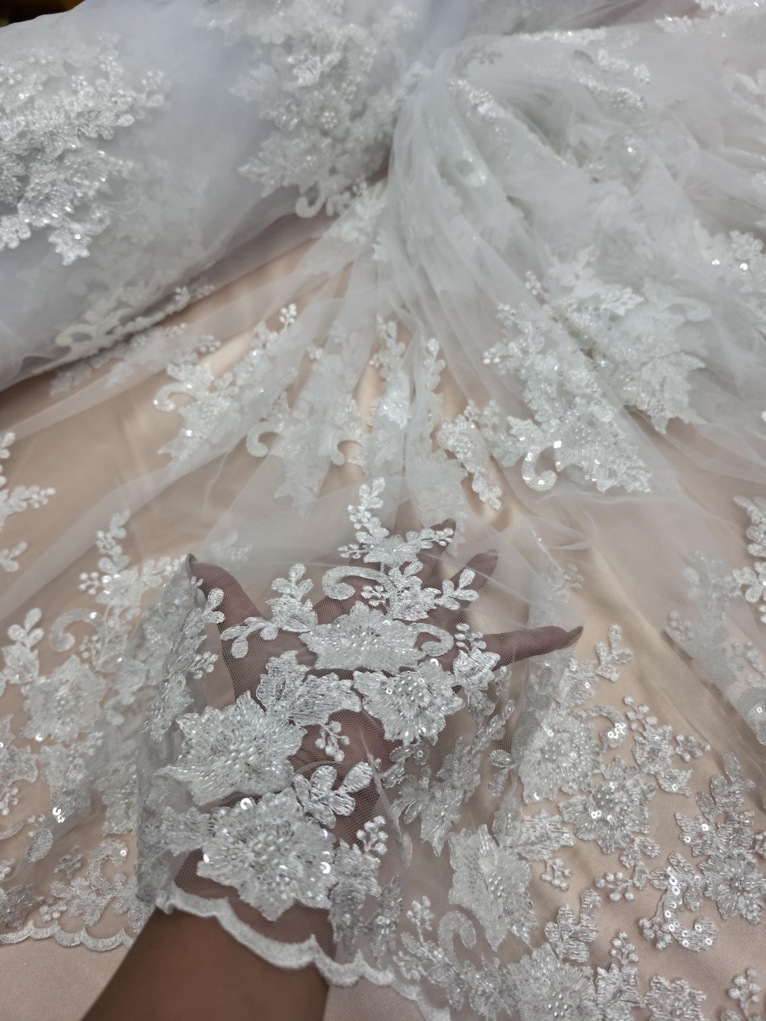 White Hand Beaded Floral Lace Fabric: Double Scalloped Bridal Gown - Etsy