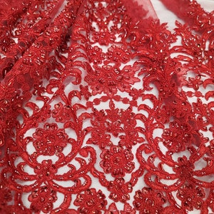 Red Hand Beaded Lace Floral Flowers Embroidered Sequins on Mesh Prom ...