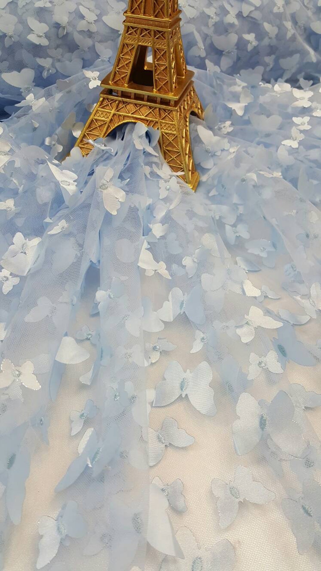 Fabric Sold by the Yard Baby Blue Lace Embroidery 3D Satin Butterflies ...