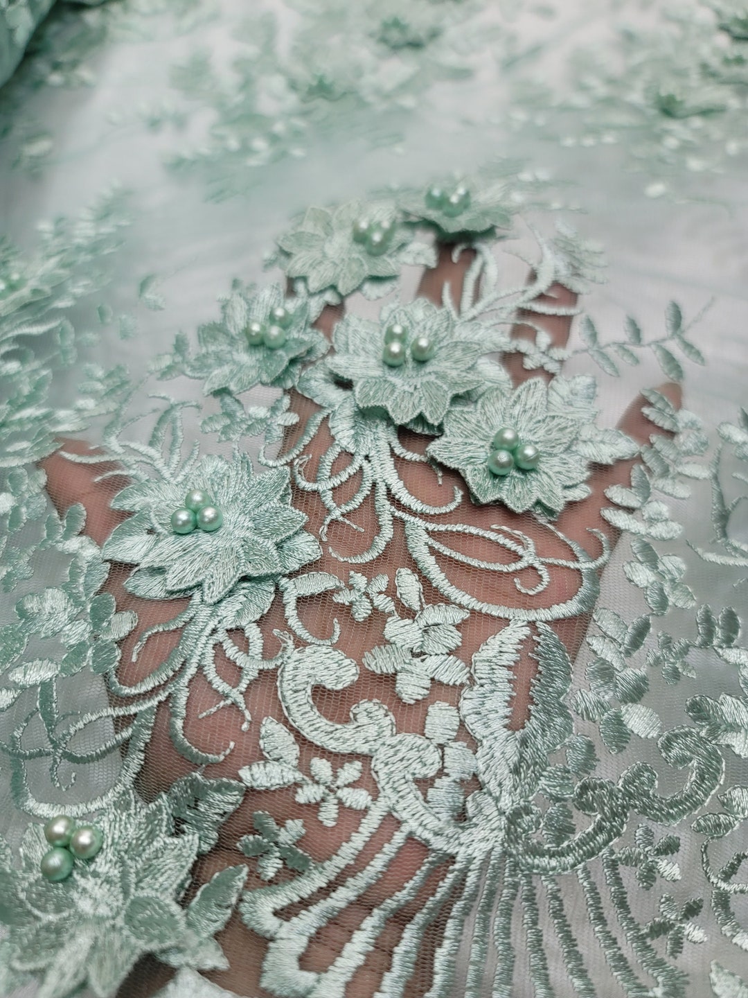 Green Sage Lace 3d Floral Flowers Embroidered Pearls on Mesh Fabric ...