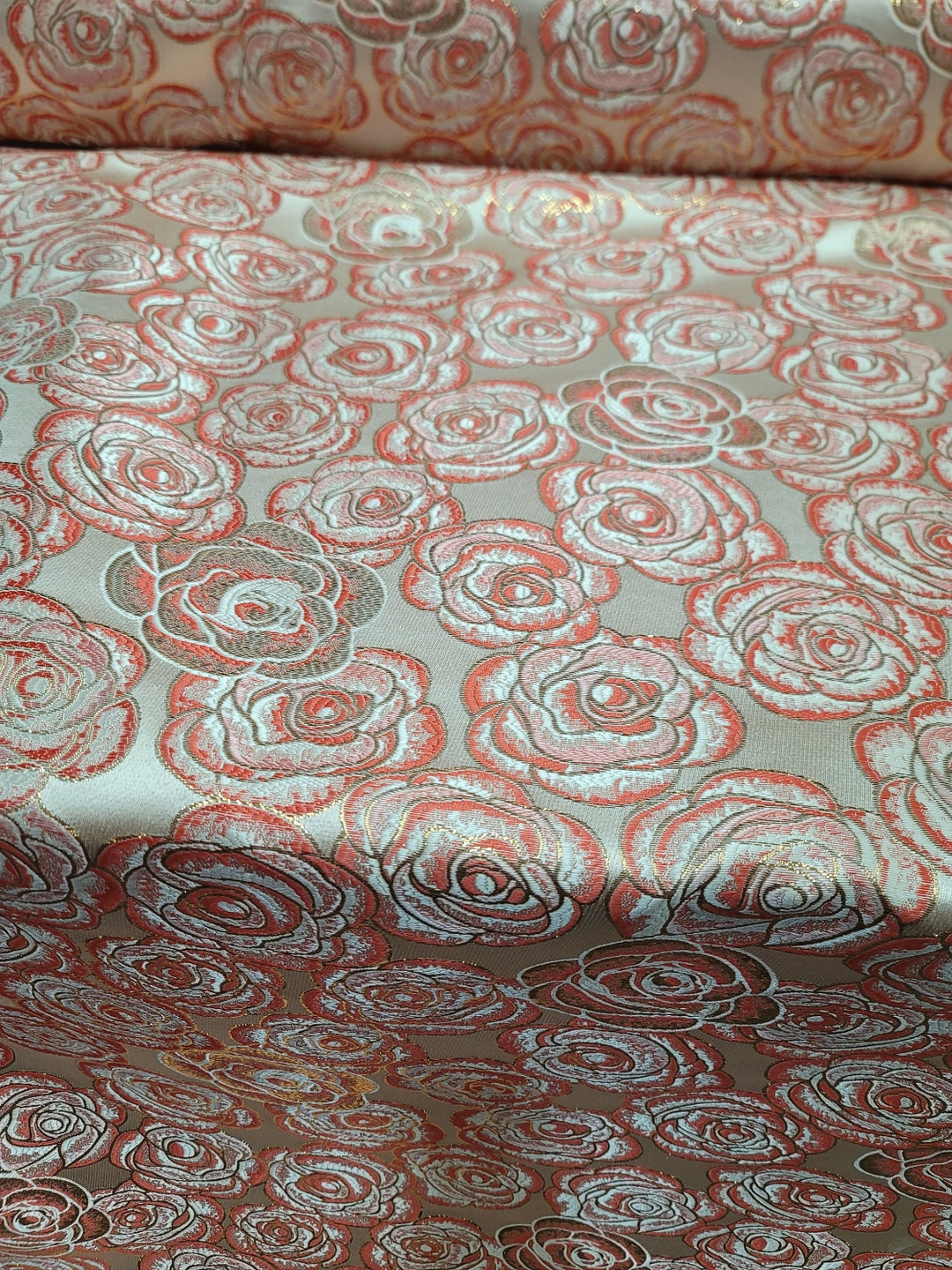 Fabric Sold by Theyard Brocade Metallic Gold Coral Floral Flowers Beige ...