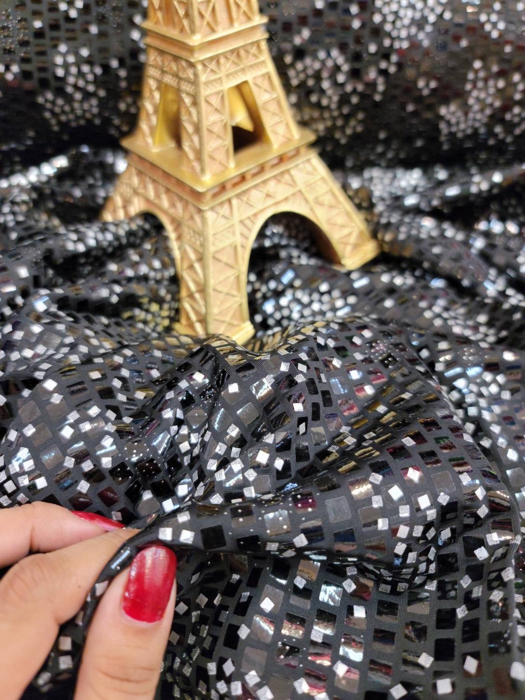 Black Stretch Spandex Fabric, Geometric Square Pleather Pattern - 60 ...