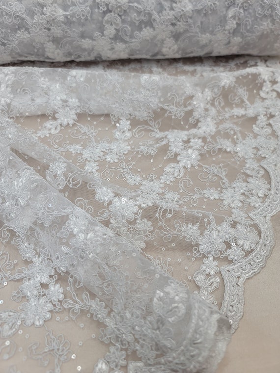 Fabric Sold by the Yard White Bridal Lace Floral Flowers on Mesh Scalloped Whitesequin Embroidery Wedding Lace Small Floral Etsy