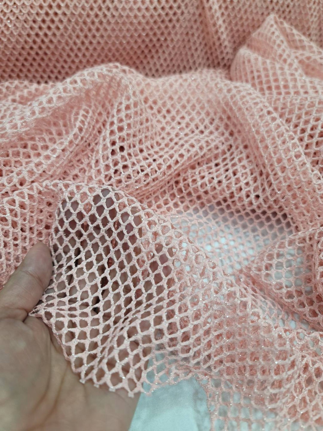 Pink Blush Stretch Fish Net Fabric Shine Metallic Silver Mylar Sold by ...