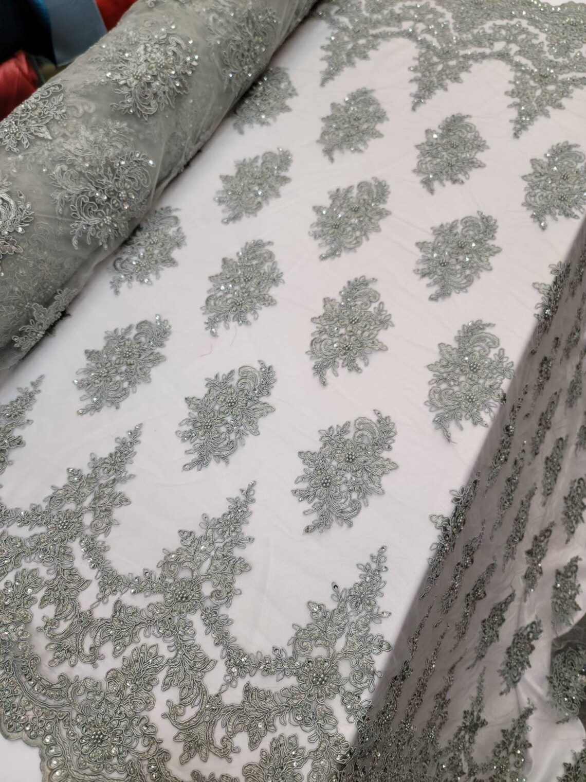 Fabric Sold By The Yard Silver Sage Beaded Lace Embroidery | Etsy