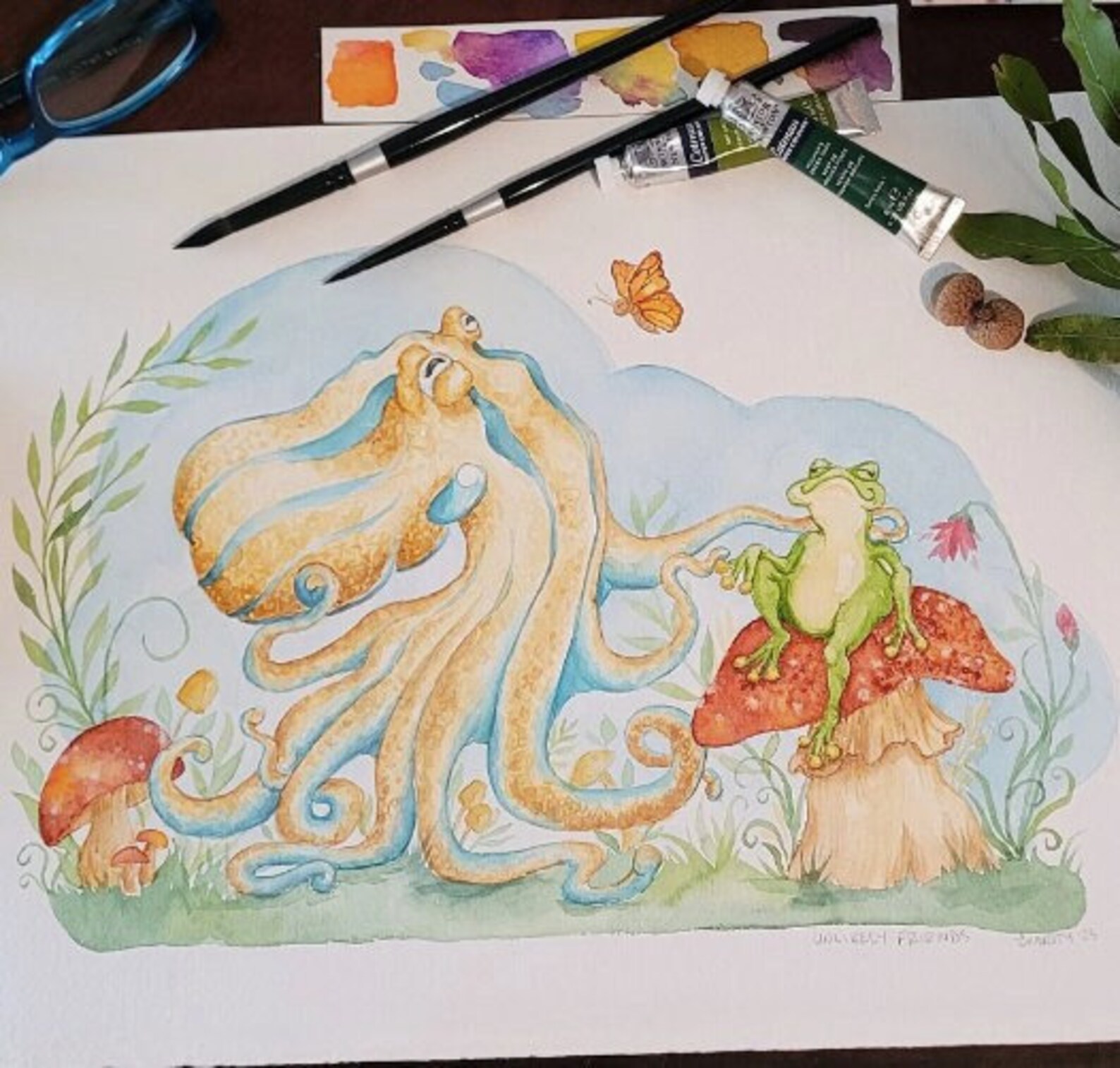 Unlikely Friends Art Print | Octopus and Green Frog Friends | Toadstool ...