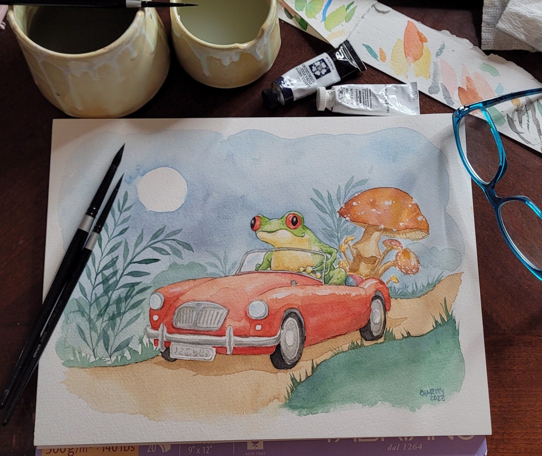 Roadster Froggy Art Print | Green Frog Cruising | Toadstool World ...